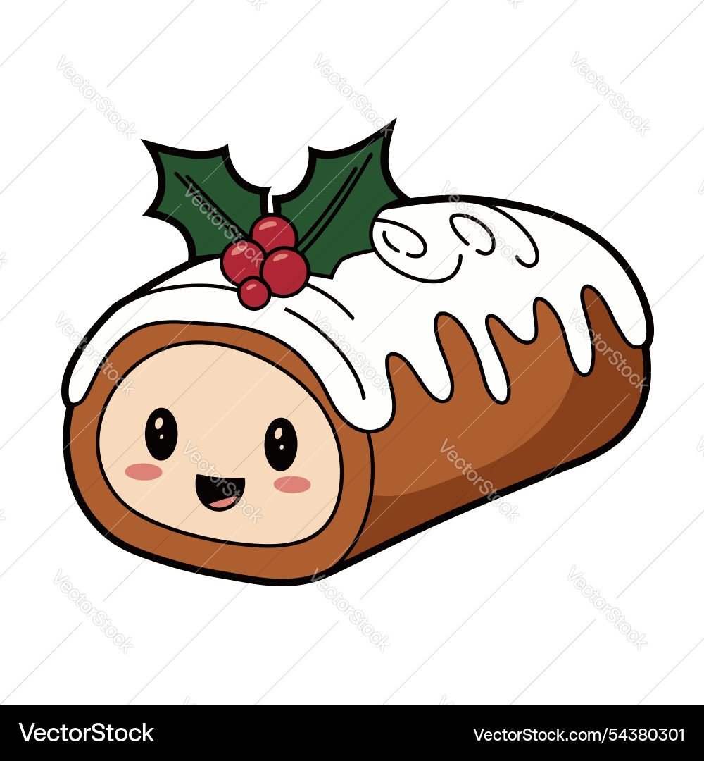 Cute christmas yule log cake with holly Royalty Free Vector