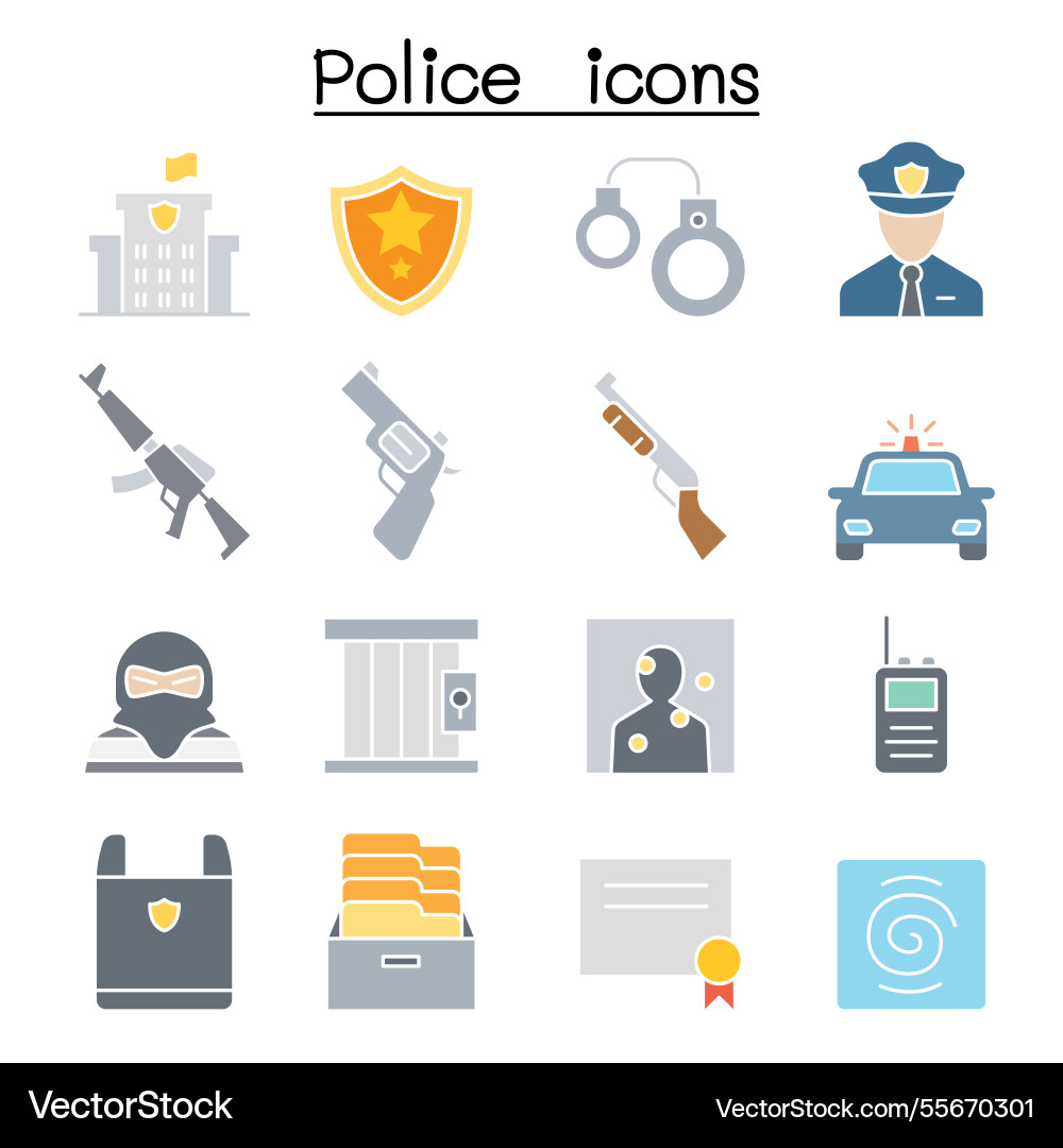 Police icon set in flat color style Royalty Free Vector