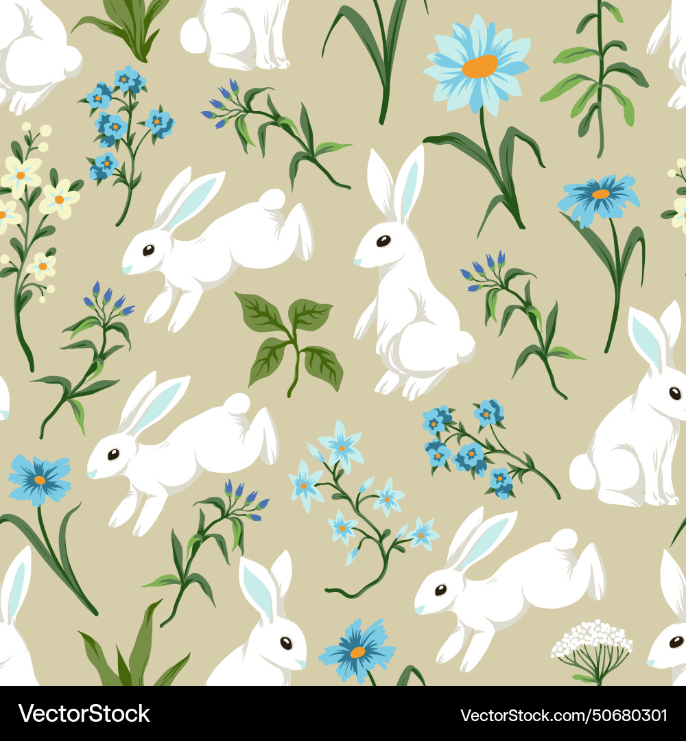 Seamless pattern with cute white rabbits Vector Image