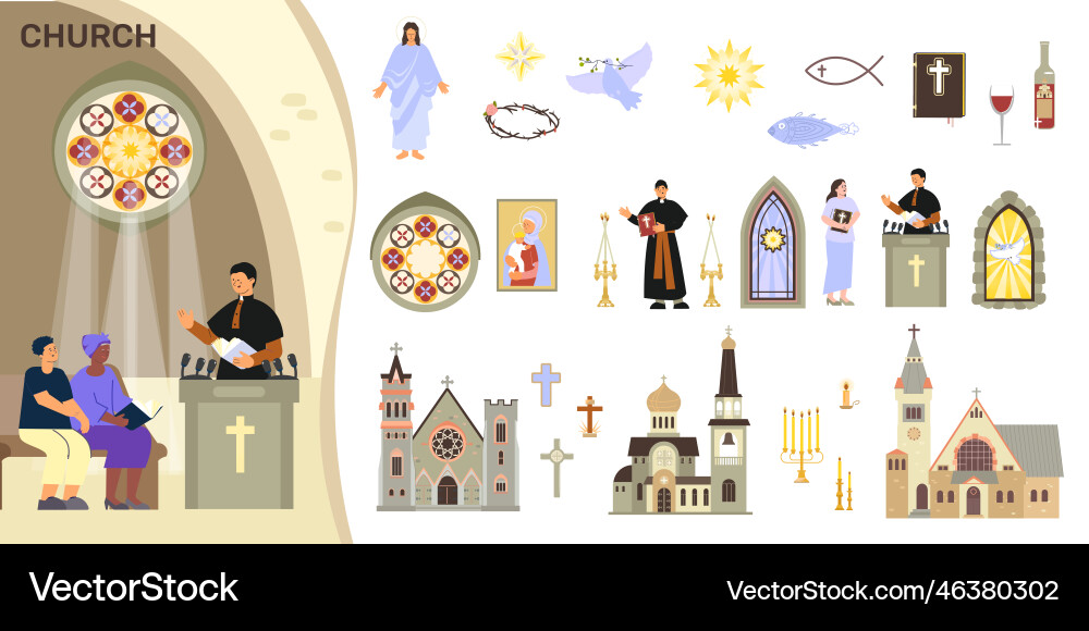 Church interior icon set Royalty Free Vector Image