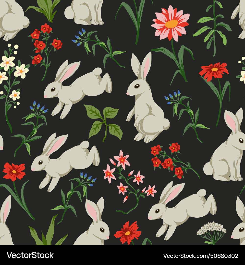 Seamless pattern with cute white rabbits Vector Image