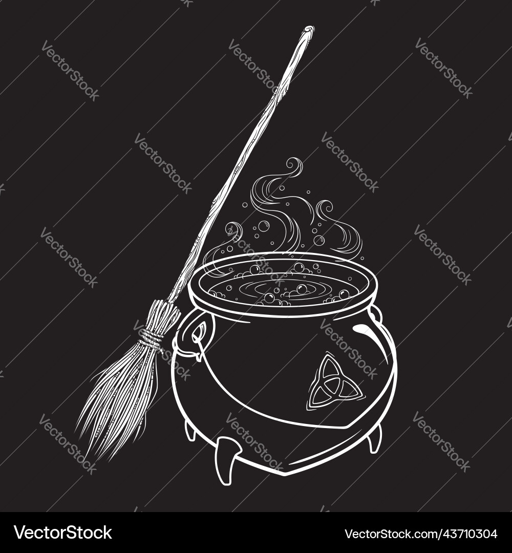 Boiling magic cauldron with broom Royalty Free Vector Image
