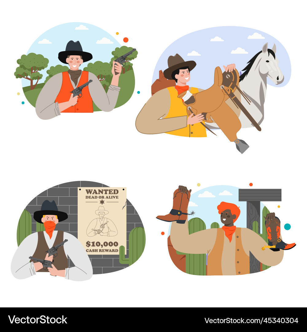Cowboy cartoon character flat scene set Royalty Free Vector