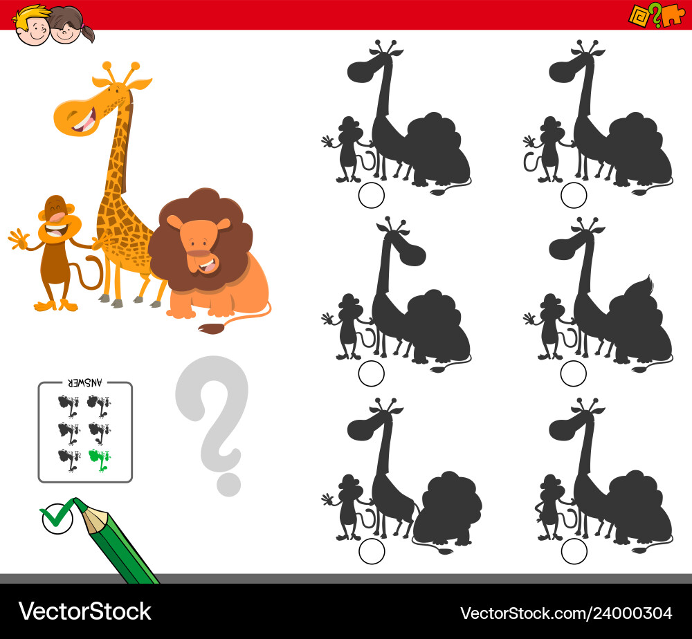 Shadows game with cute animal characters Vector Image