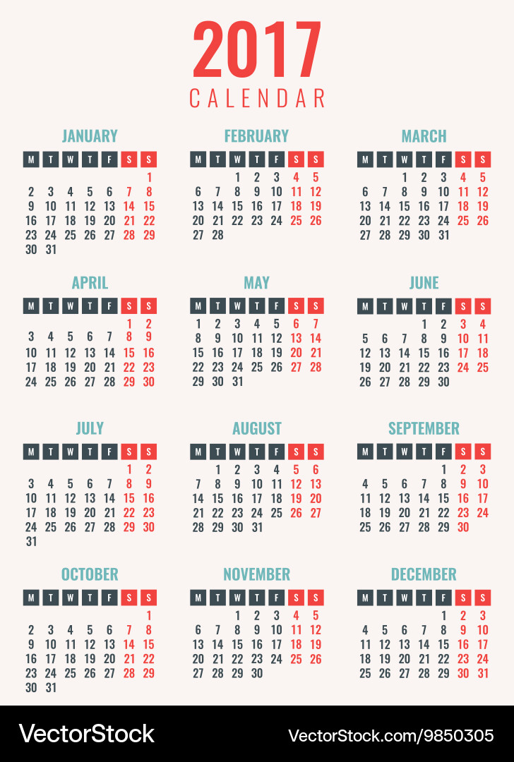 Calendar for 2017 week starts monday simple Vector Image