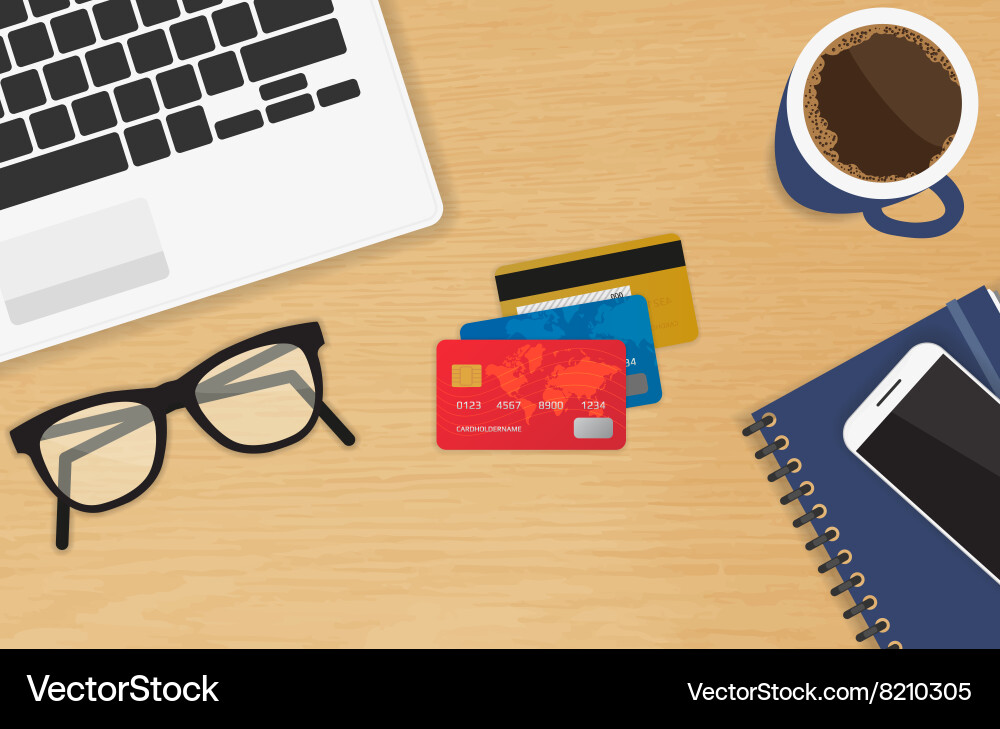 Realistic workplace with three credit cards Vector Image