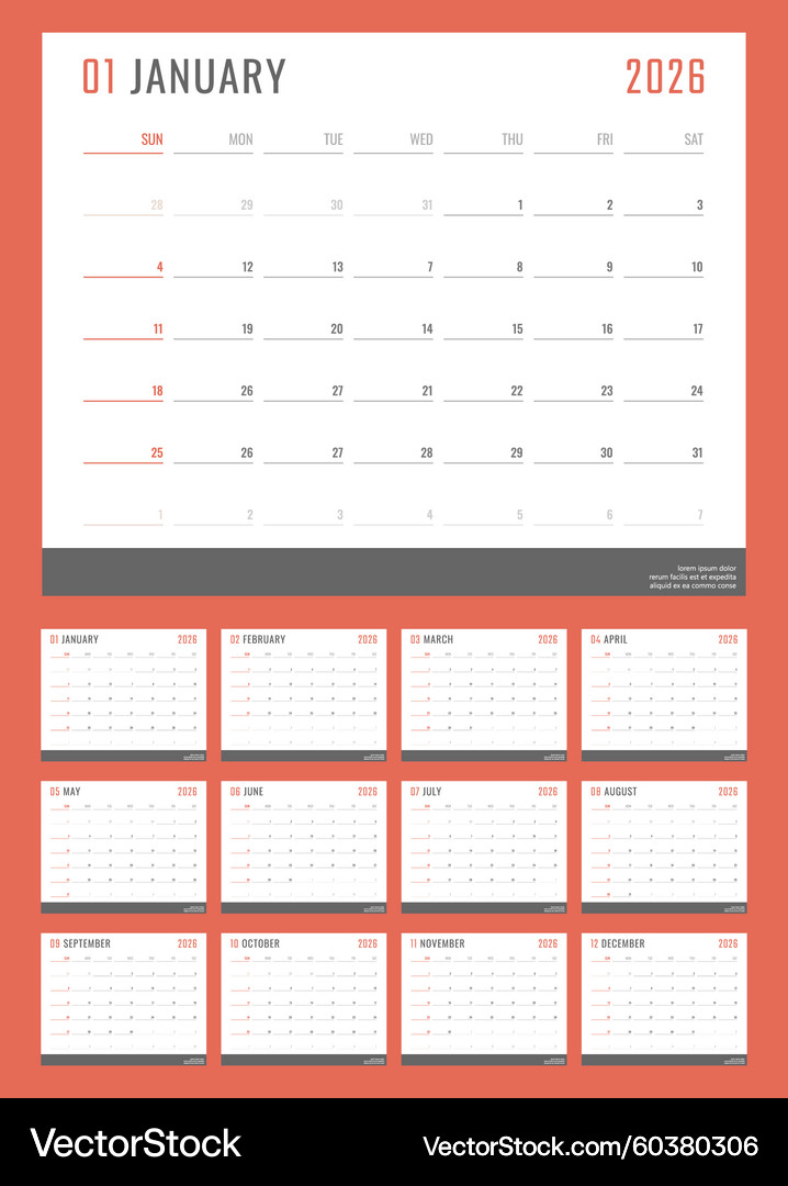 2026 Calendar - Starts on Sunday – Royalty-Free Vector | VectorStock