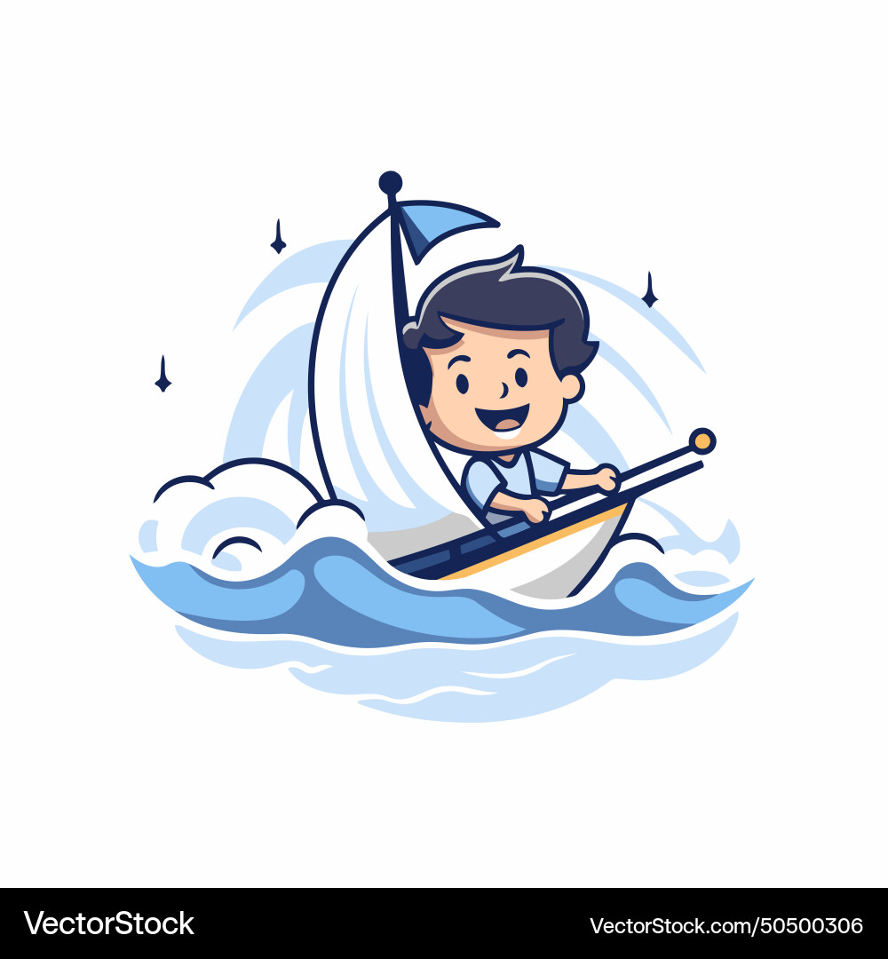 Boy in a boat on the waves white background Vector Image