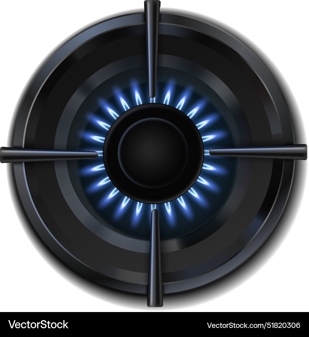Gas burner with blue burning flame top view Vector Image