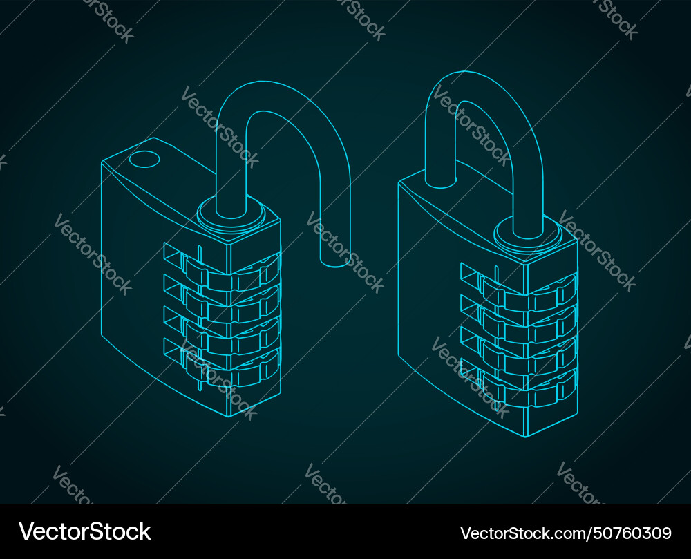 Combination padlock isometric blueprint Royalty Free Vector