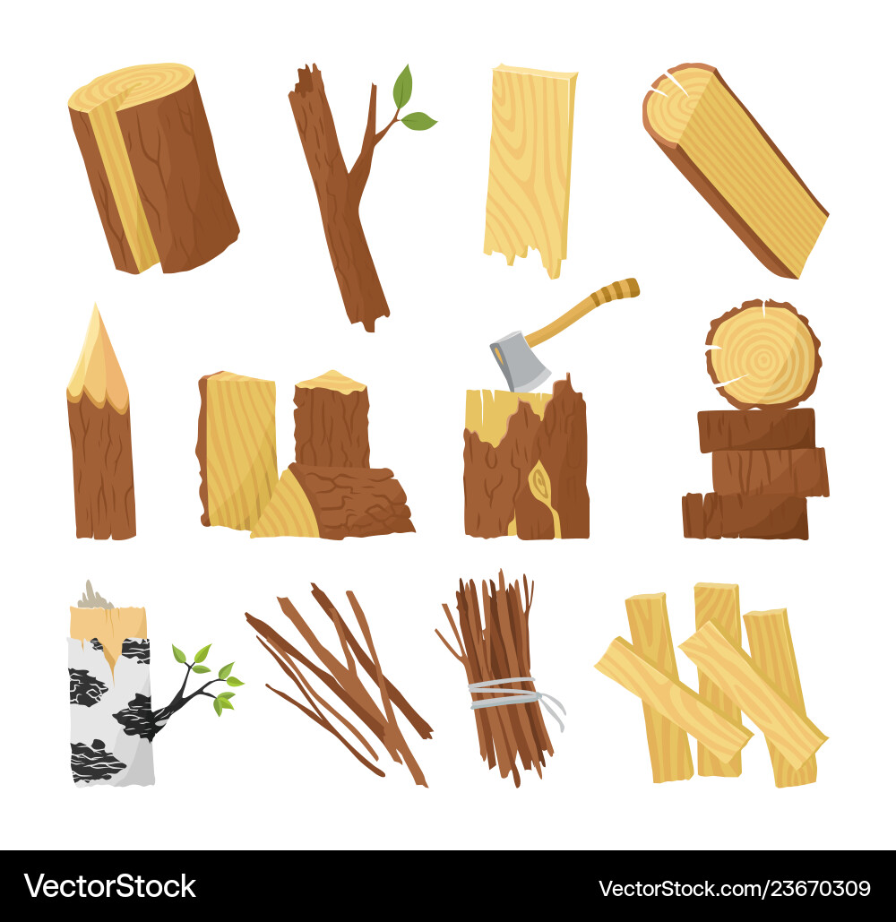 Wood industry raw material and production samples Vector Image