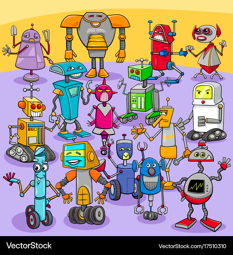 Cartoon robot characters big group Royalty Free Vector Image