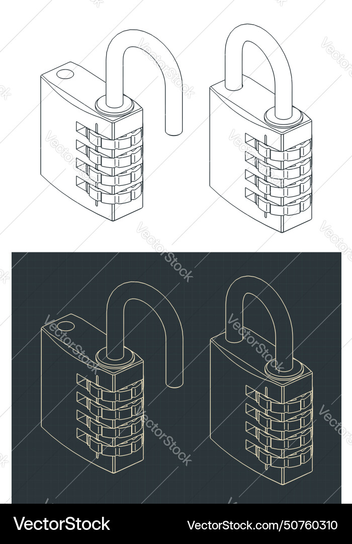 Combination padlock isometric blueprints Vector Image