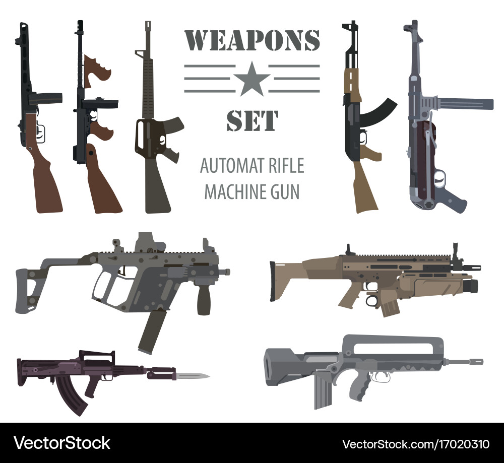 Firearm set automatic rifle machine gun flat Vector Image