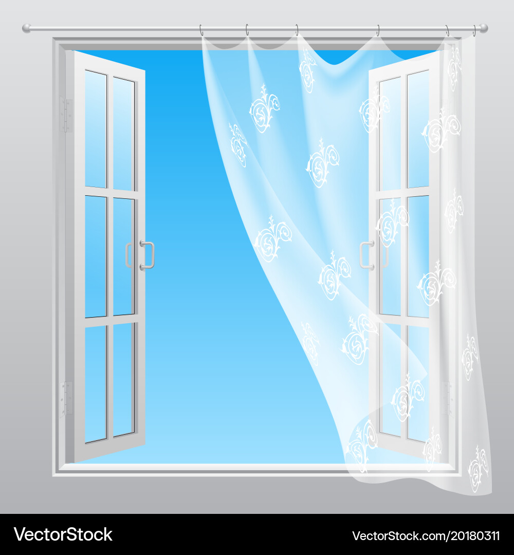 Double window with fluttering curtain Royalty Free Vector