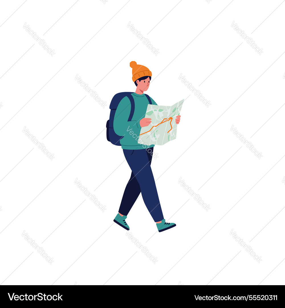 Man hiking and reading a map outdoors during Vector Image