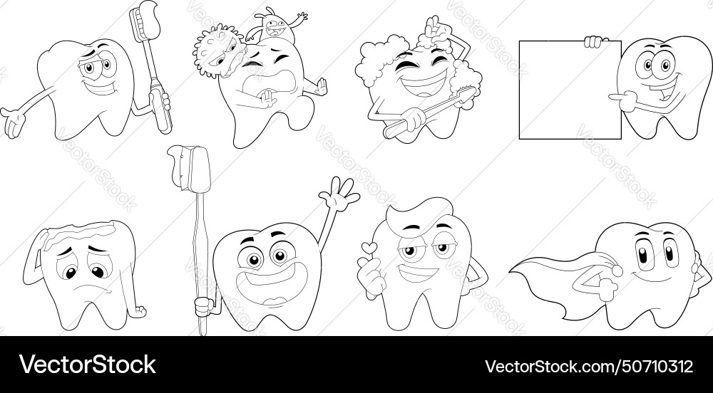 Outlined cute tooth cartoon characters Royalty Free Vector