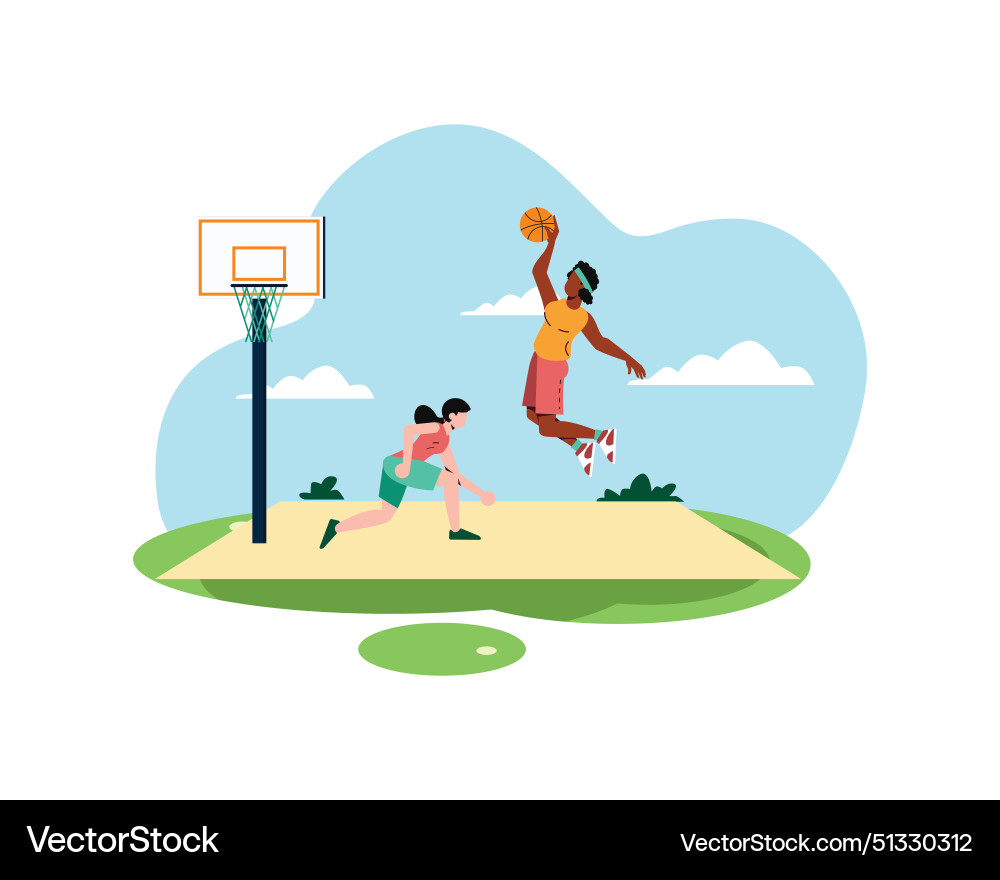 Two women playing basketball are practicing Vector Image