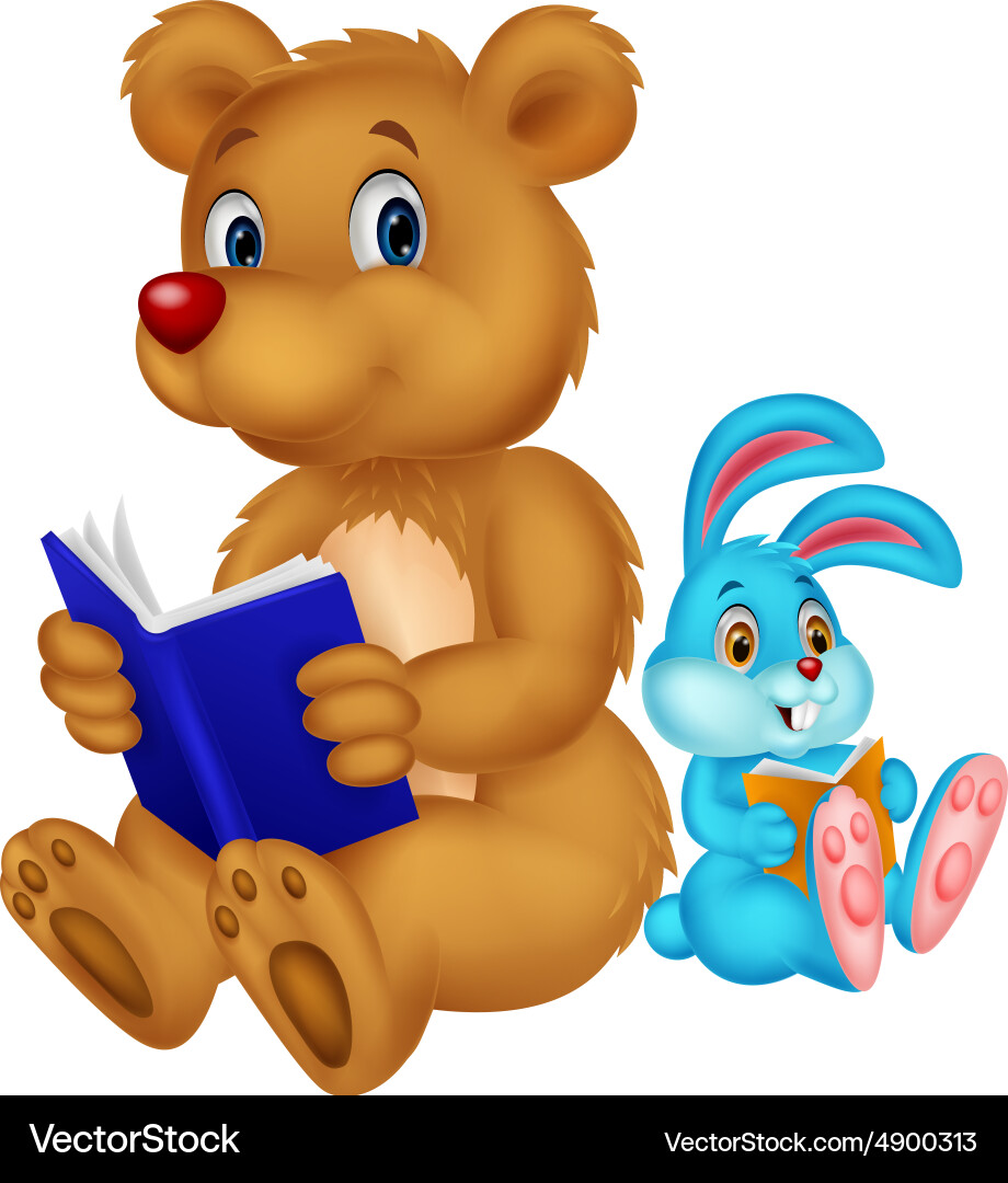 Cartoon bear and rabbit reading book Royalty Free Vector