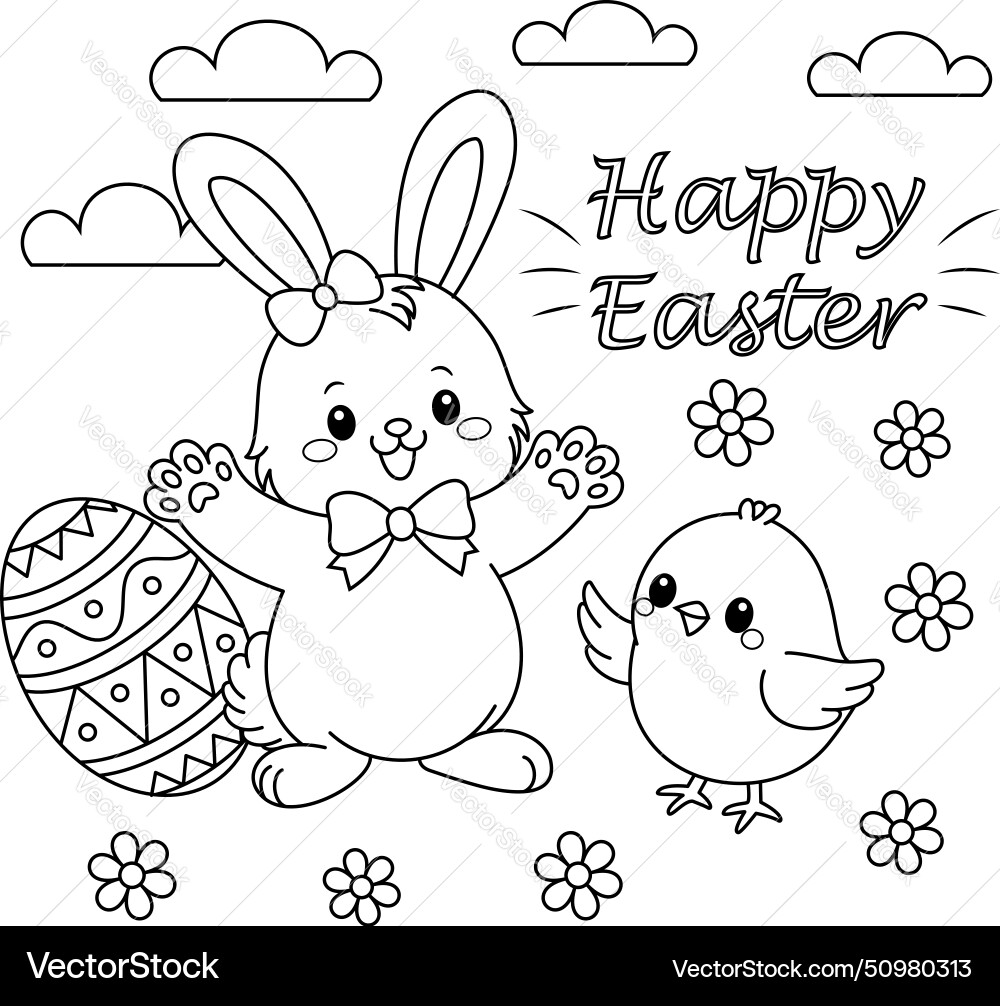 Cute bunny and chick saying happy easter Vector Image