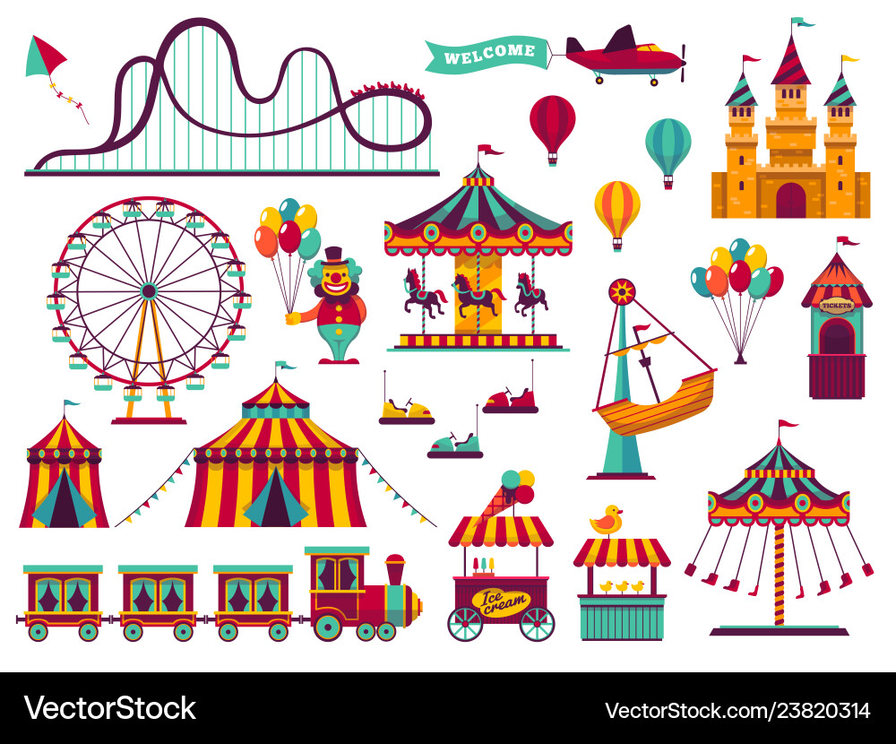 Amusement park attractions set carnival amuse Vector Image