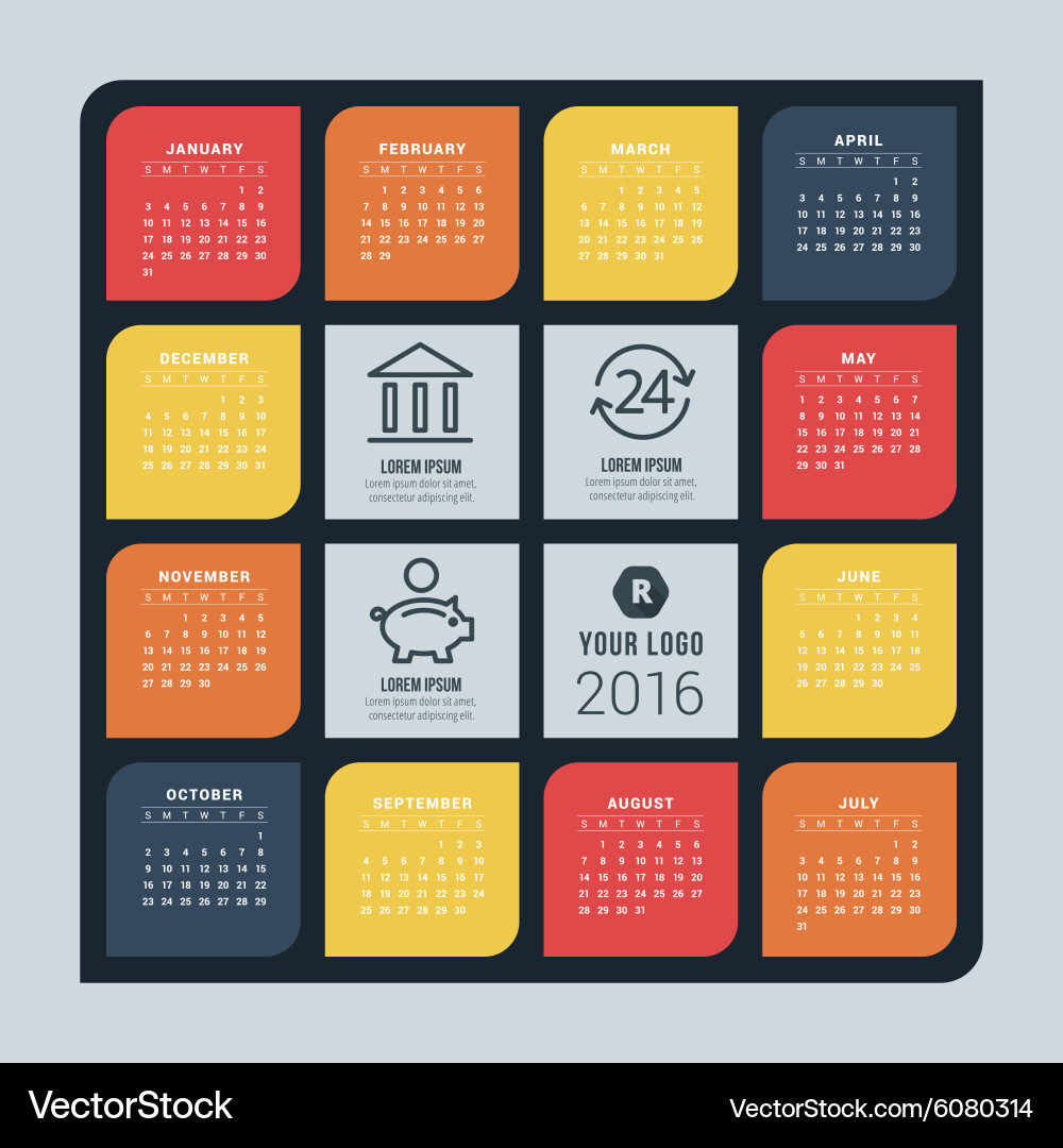 Calendar template 2016 week starts sunday Vector Image