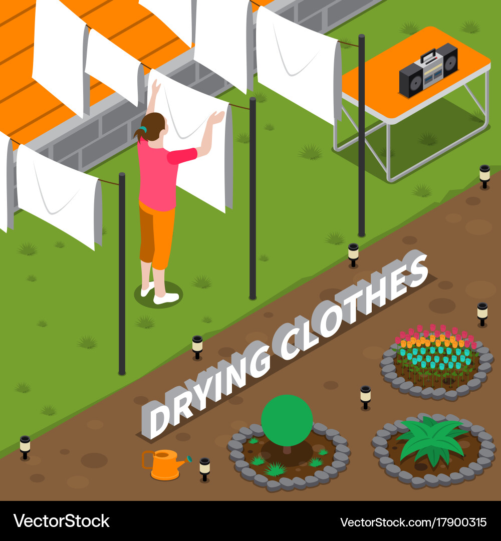Drying clothes isometric composition Royalty Free Vector