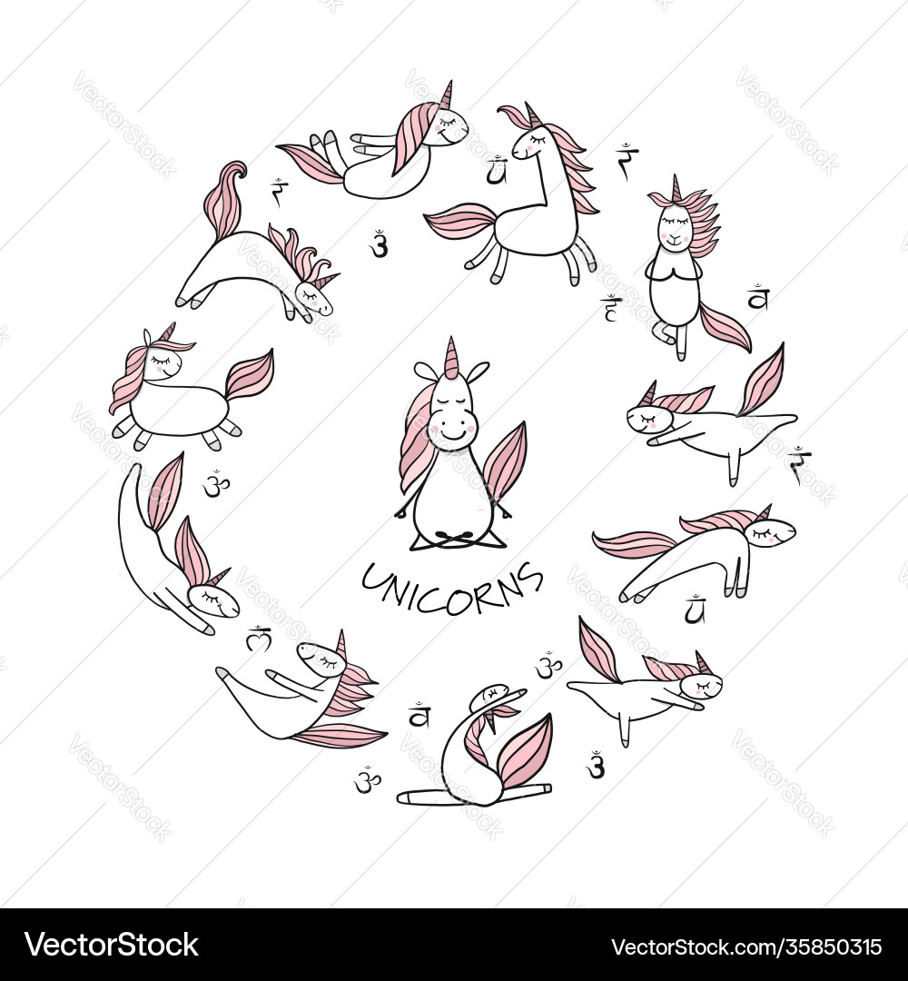 Funny unicorns doing yoga circle background Vector Image