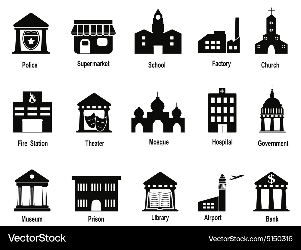 Black government building icons set Royalty Free Vector