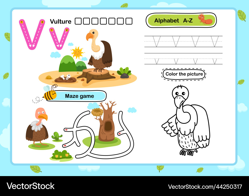 Alphabet letter v-vulture exercise with cartoon Vector Image