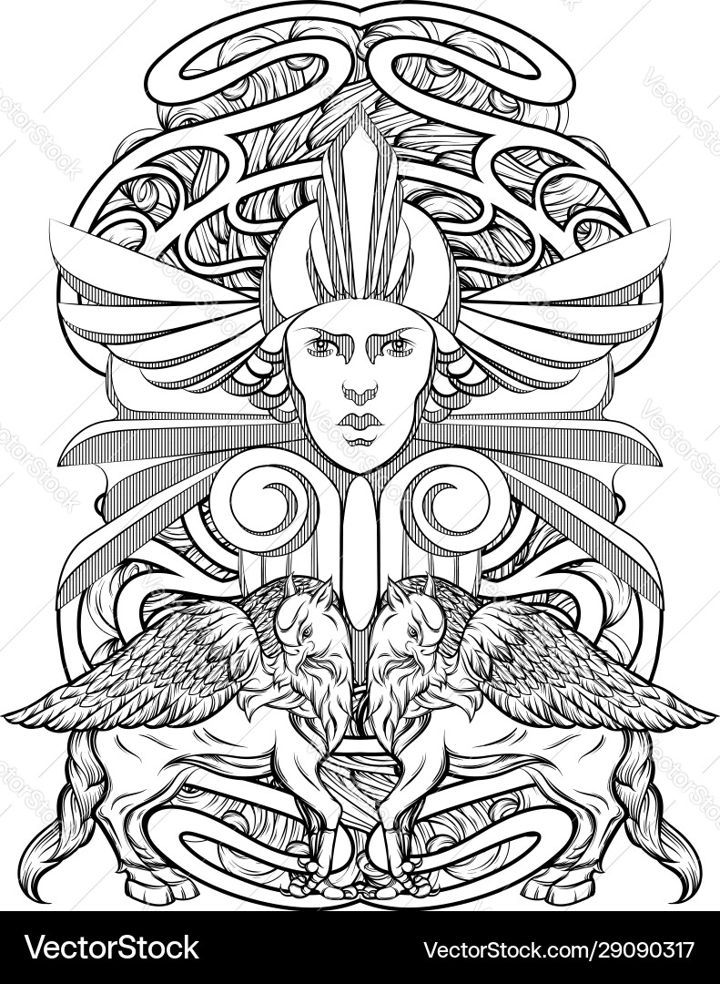 Hand drawn woman with hippogryph Royalty Free Vector Image