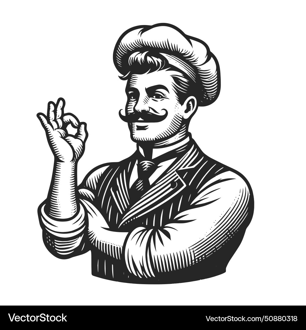 Chef gesturing perfect taste engraving Royalty Free Vector