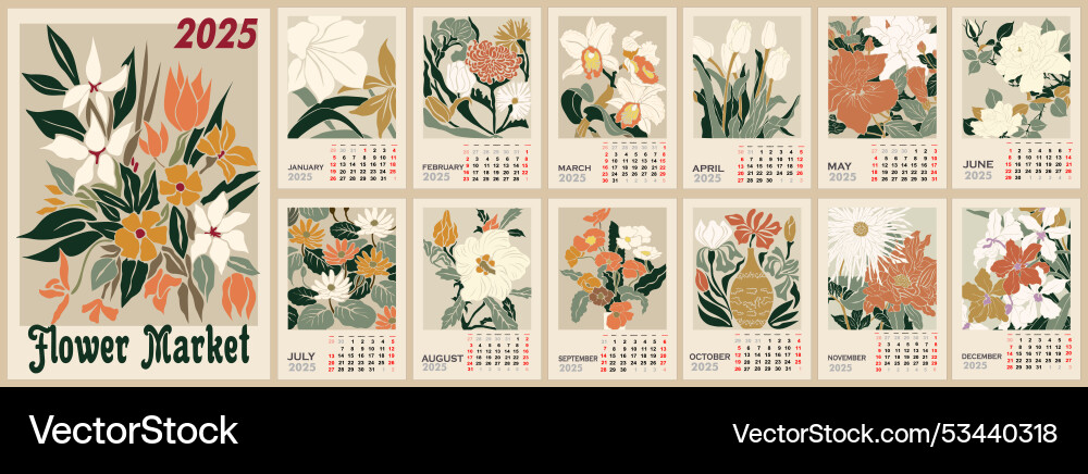 Floral wall calendar template for 2025 Royalty Free Vector