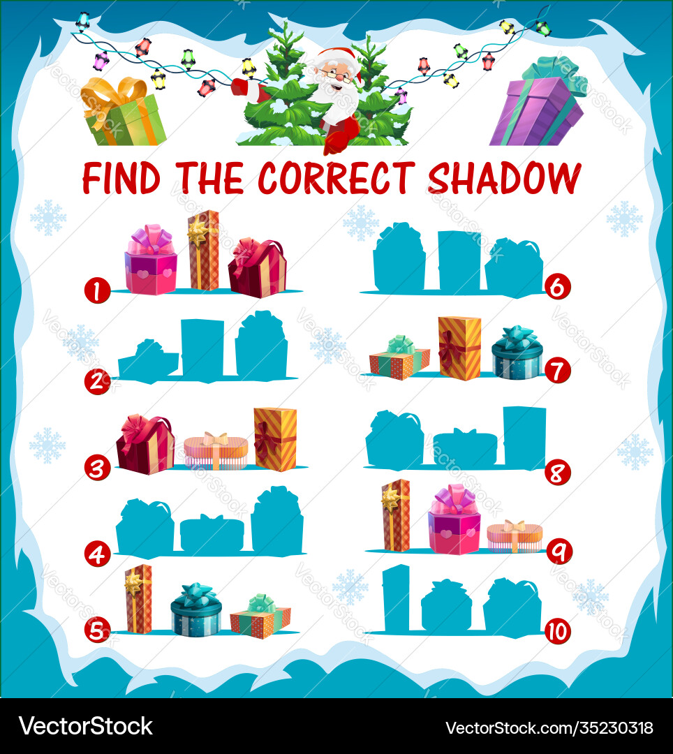 Kids christmas riddle find correct shadow game Vector Image