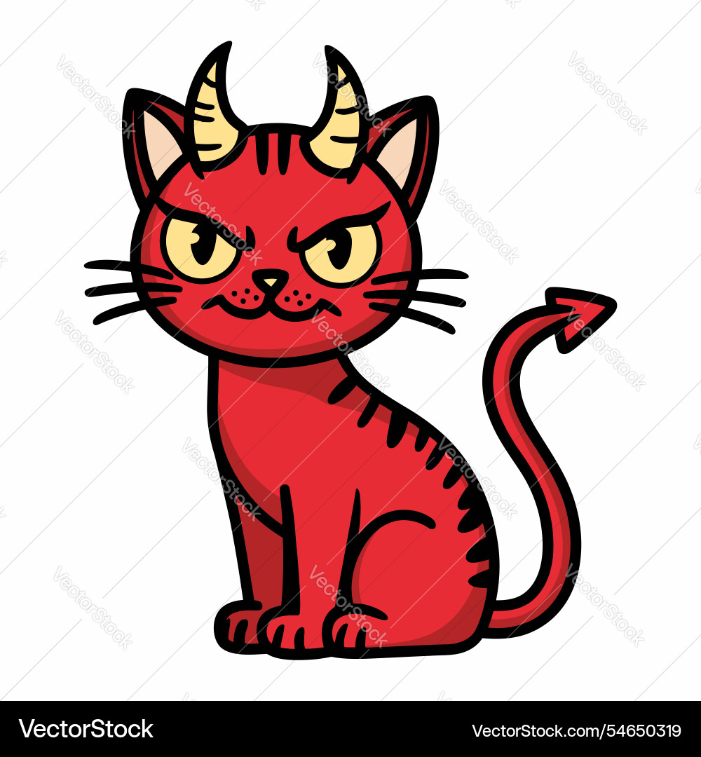 Cartoon red devil cat with horns and tail Vector Image