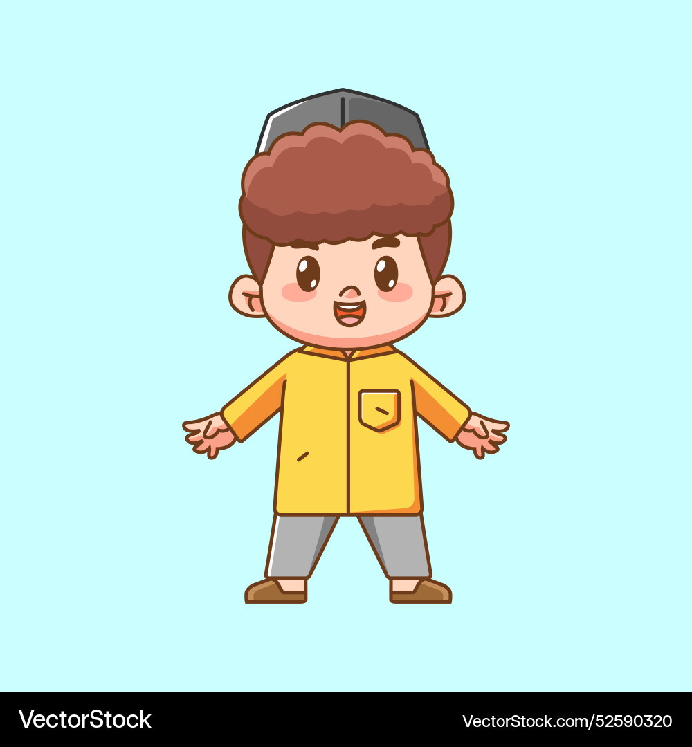 Cute happy muslim boy kawaii chibi character Vector Image