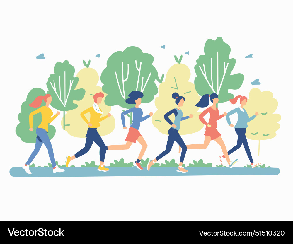 Group diverse people jogging together through park
