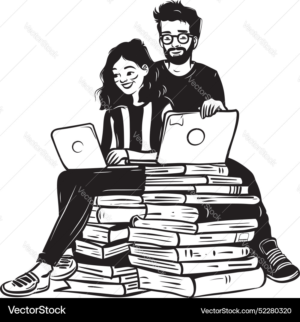 Romantic research couple engaged in laptop task Vector Image