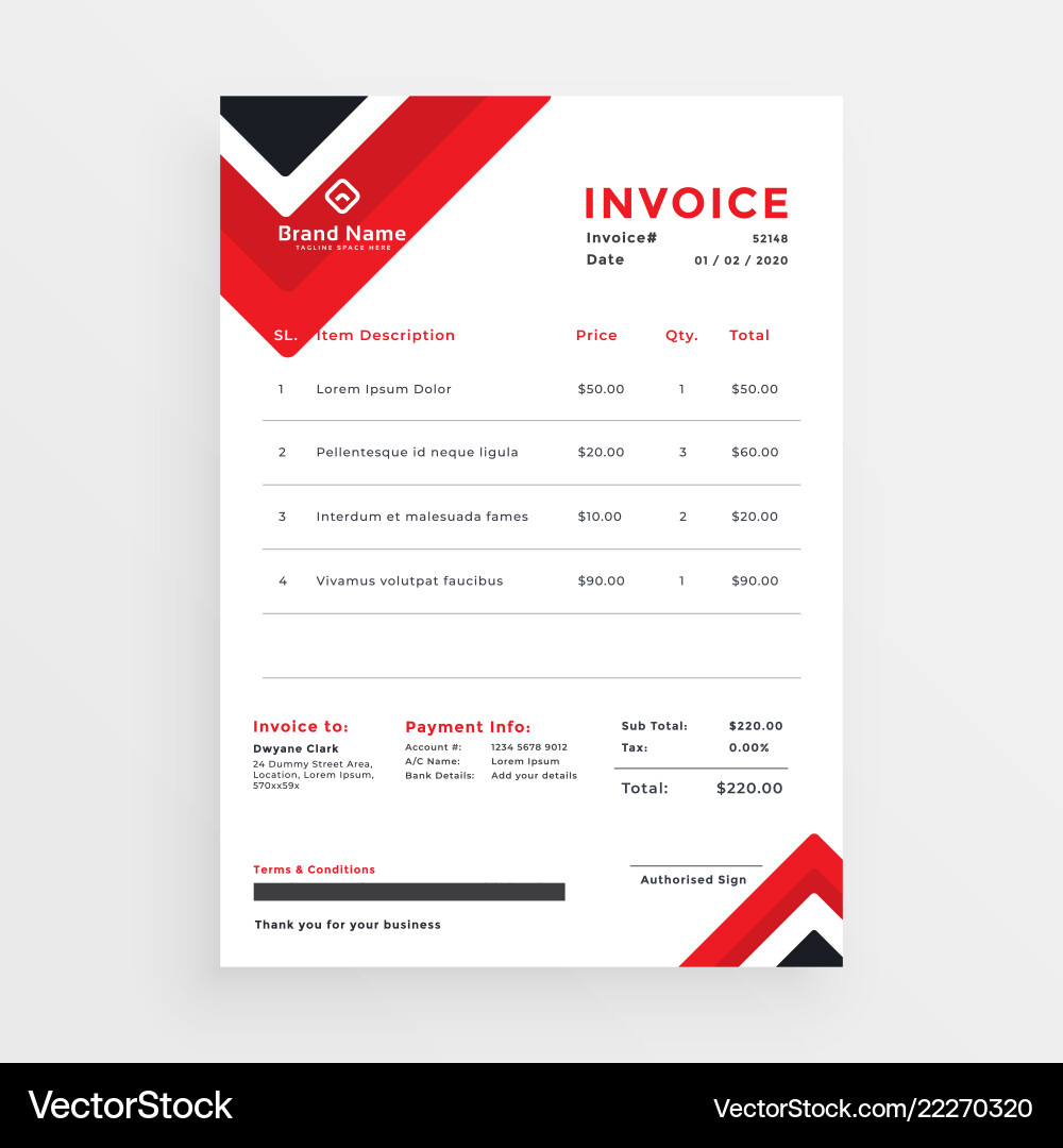 Stylish red business invoice template design Vector Image