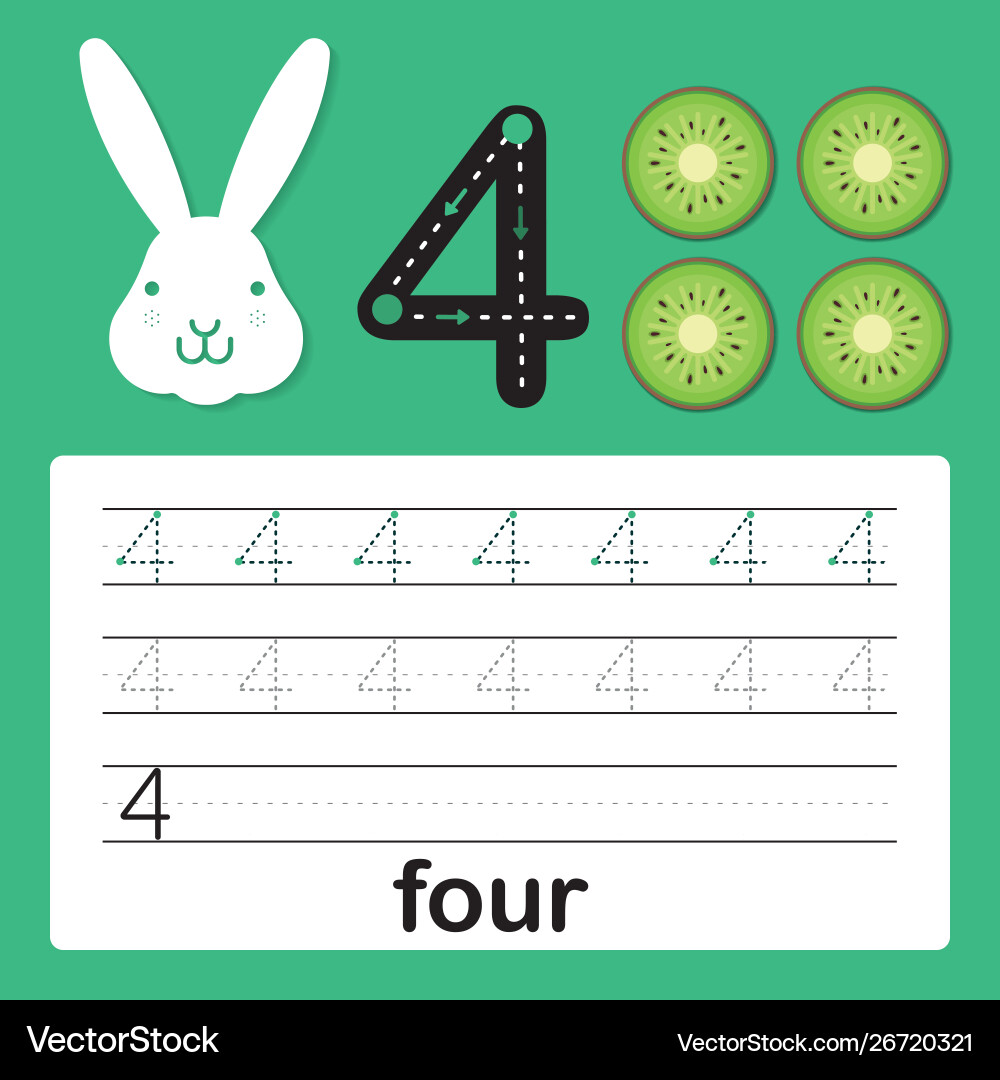 Number 4 card for kids learn to count and write Vector Image