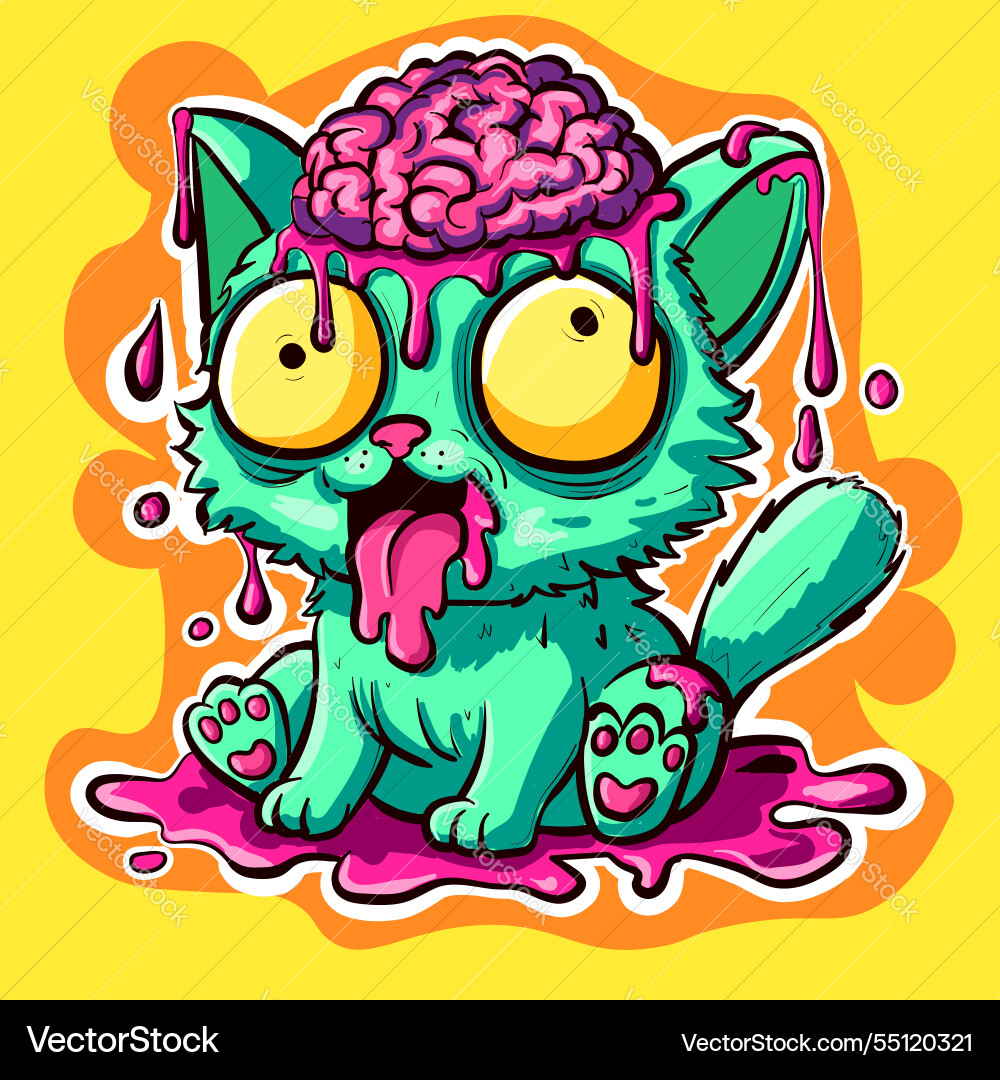 Psychedelic trippy kitty with brains Royalty Free Vector