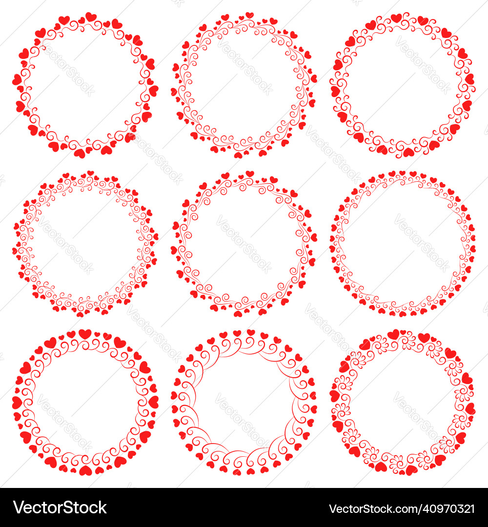 Set of round elegant frames with red hearts Vector Image