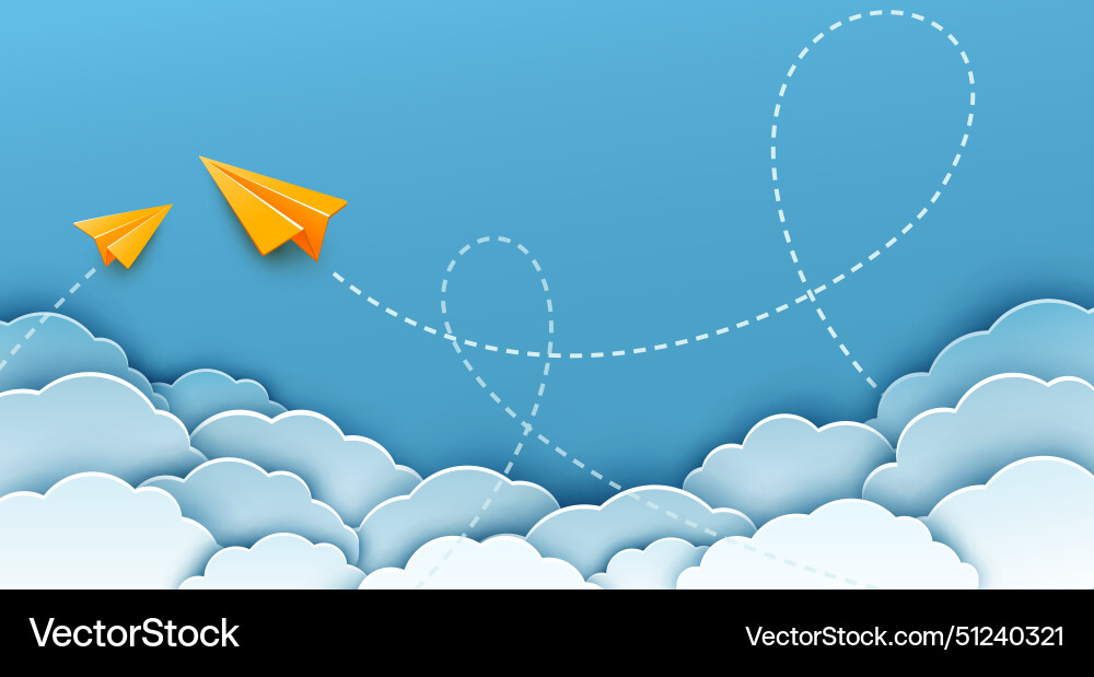 Two yellow origami paper plane with dash line Vector Image