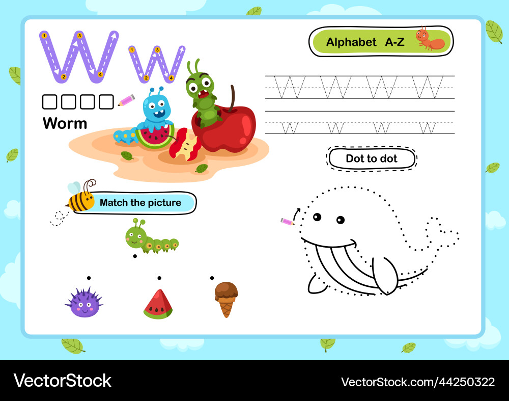 Alphabet letter w-worm exercise with cartoon Vector Image
