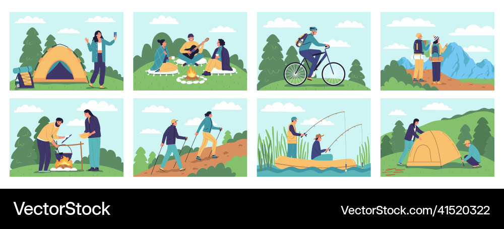 Hiking color compositions set Royalty Free Vector Image