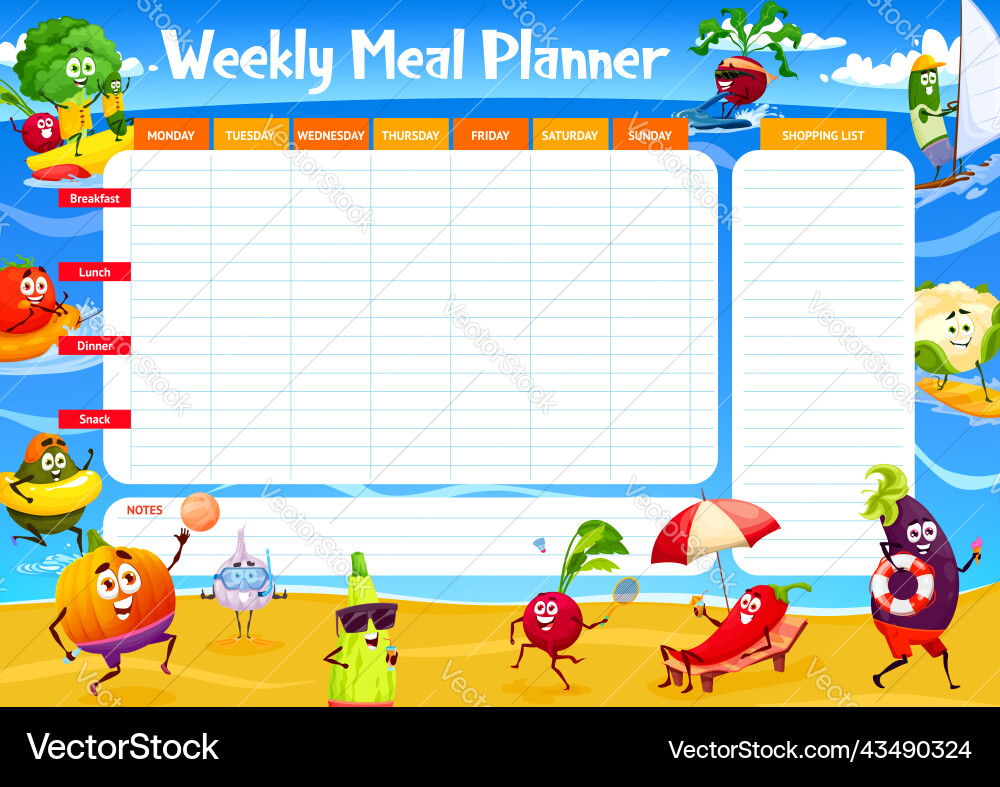 Cartoon cheerful vegetables weekly meal planner Vector Image