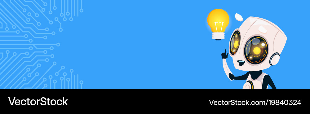 Cute robot hold light bulb chat bot over circuit Vector Image