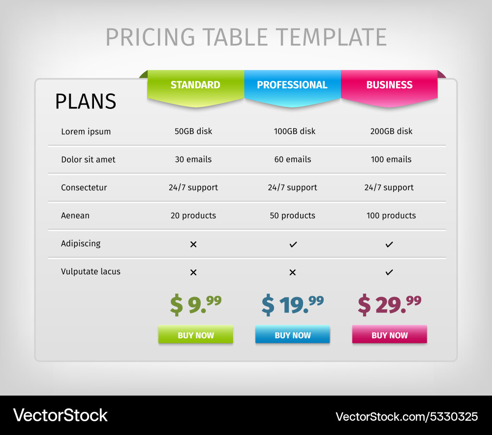 Colorful web pricing table template for business Vector Image
