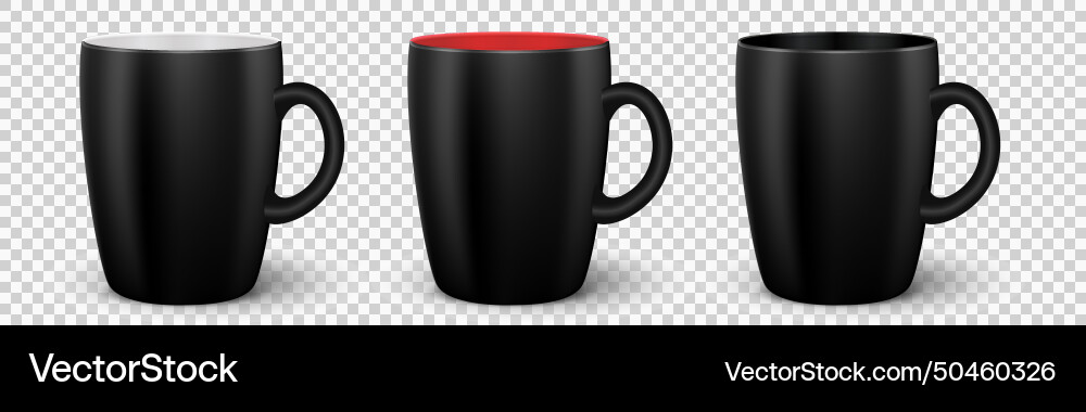 Set of black cups realistic coffee mugs Royalty Free Vector