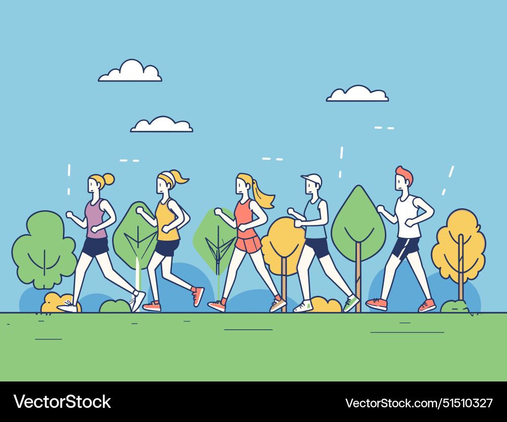 Five runners jogging outdoors park maintaining Vector Image